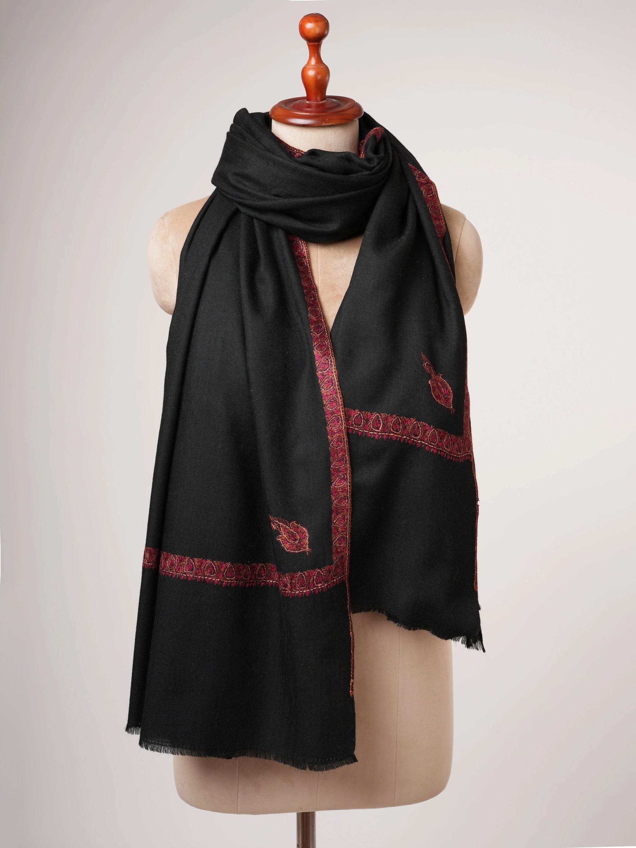Hand Embroidered Black Kashmiri Shawl with Hashia Border - Shahkaar