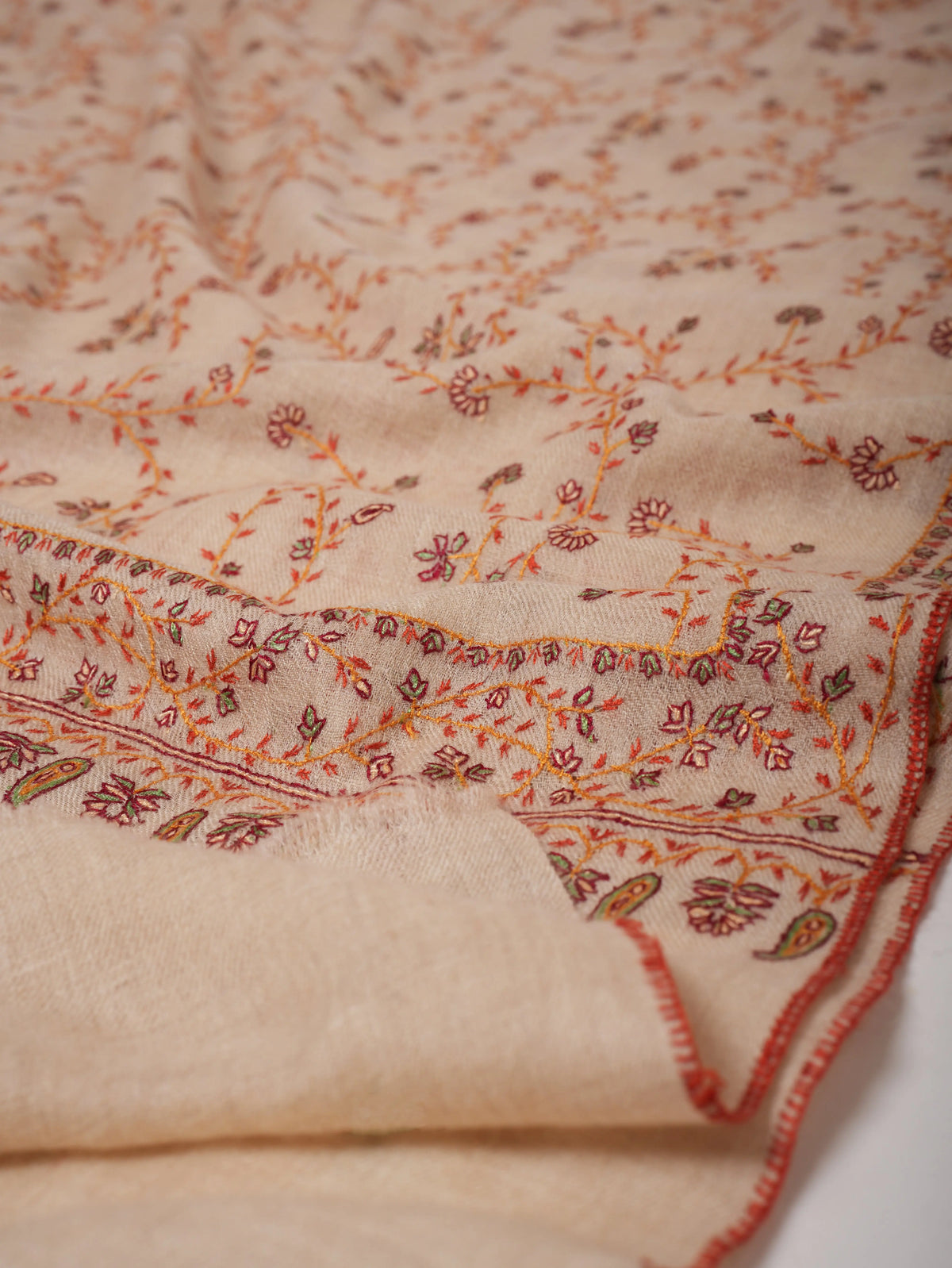 Offwhite Cashmere Scarf with All Over Hand Embroidery | Handmade Scarf